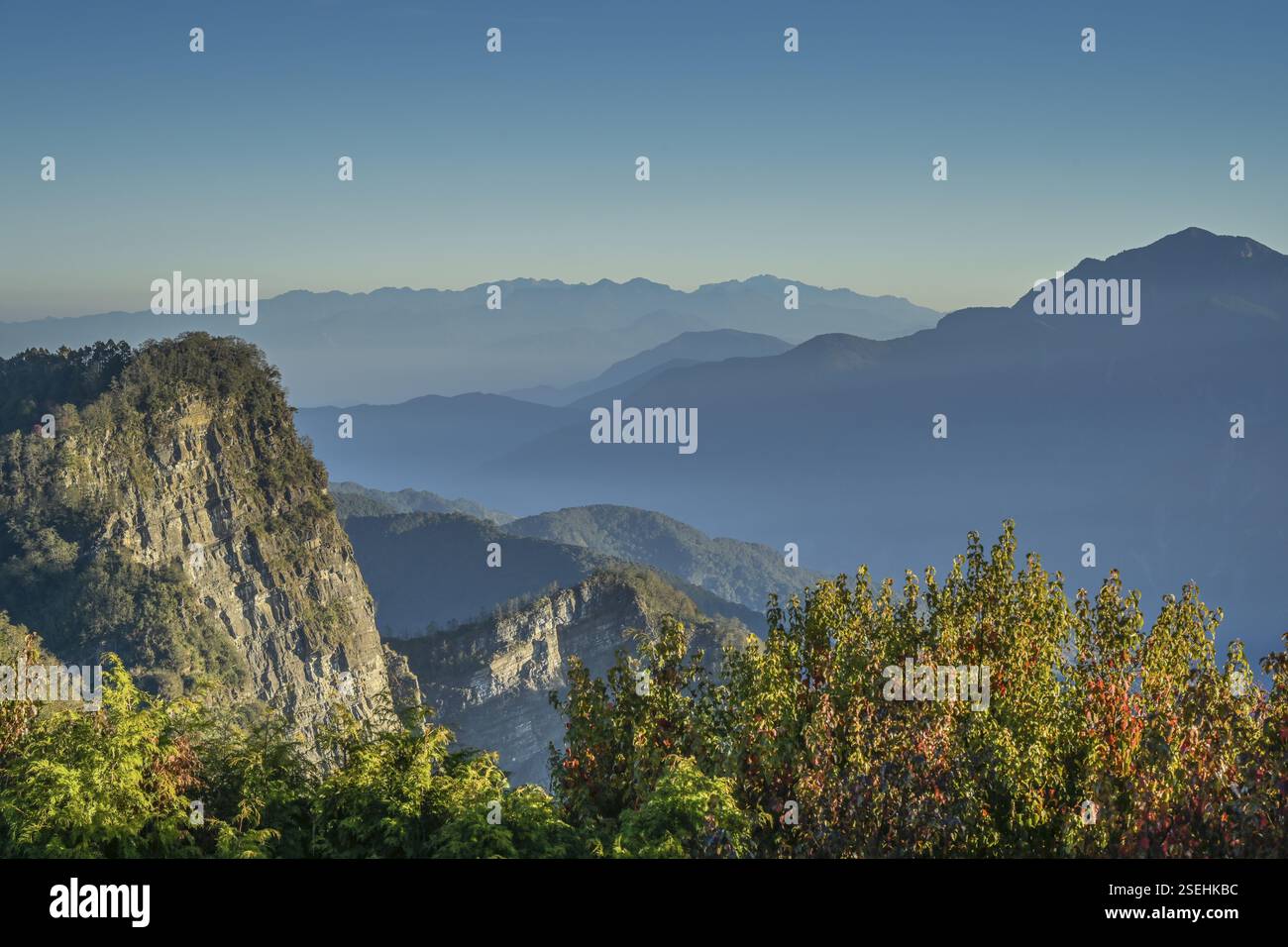Mountain landscape, low mountain range seen in the morning light from ...
