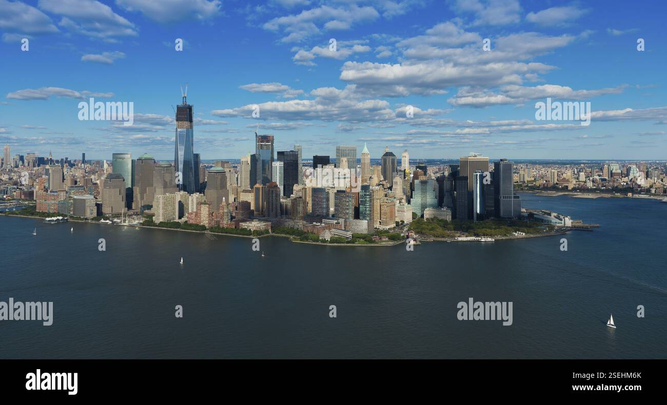 Lower Manhattan view from helicopter: Battery park, financial district ...