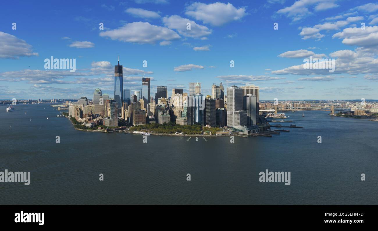 South part of Manhattan and Brooklyn bridge aerial panorama, New York ...