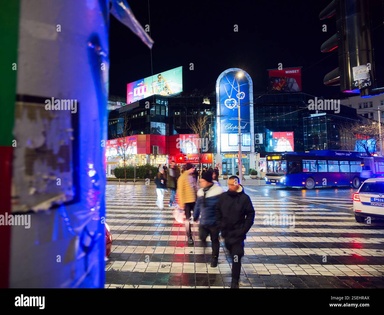 Belgrade, Serbia - January 10, 2025: Urban nightlife with colorful ...