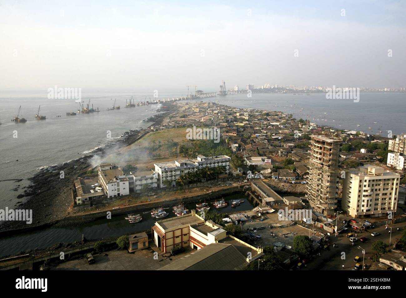 An aerial view of Worli village and headquarters of the Mumbai Coast ...