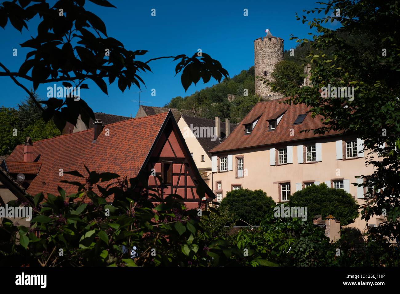 horizontal cityscape in Kayserberg with old buildings' façades on ...