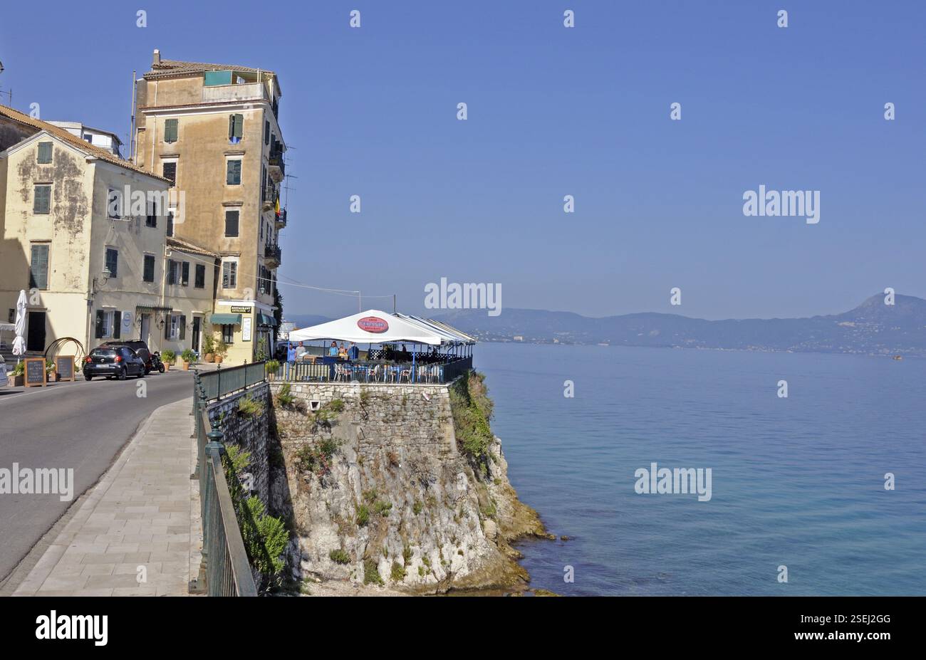 Greece, Corfu island, Corfu town, city view, street, cafe, sea, Europe ...