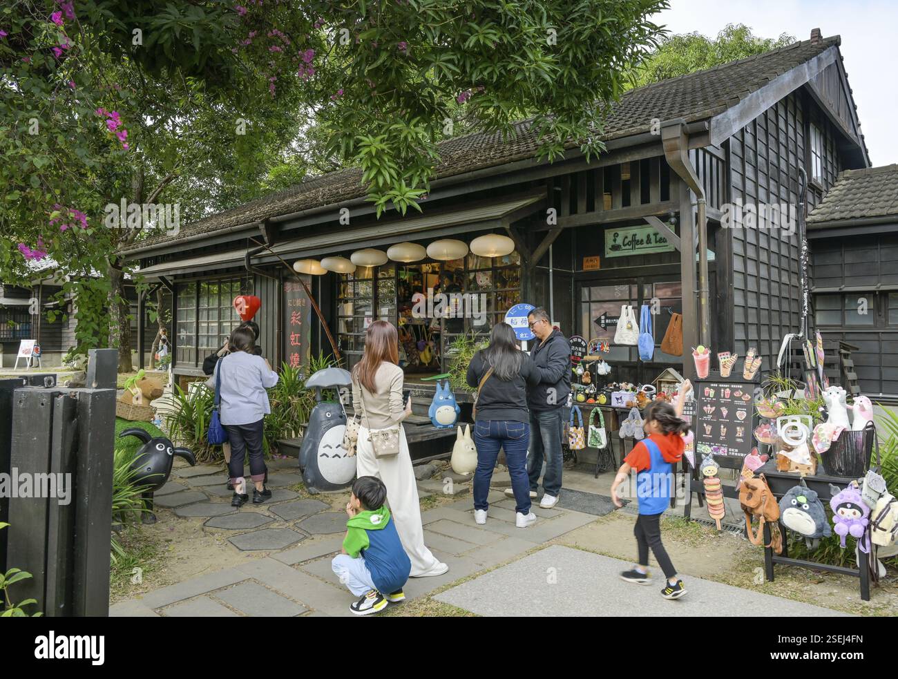 Visitors, tourists, old Japanese wooden house, Hinoki Village, forest ...