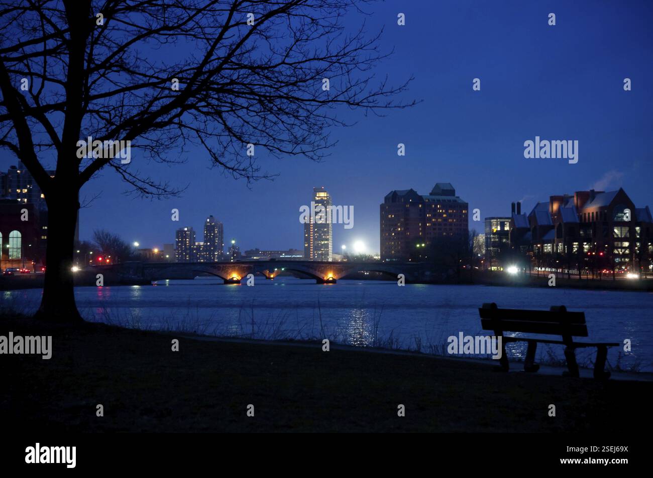 Charles river basin and park at night. Silhouette of bench and view to ...