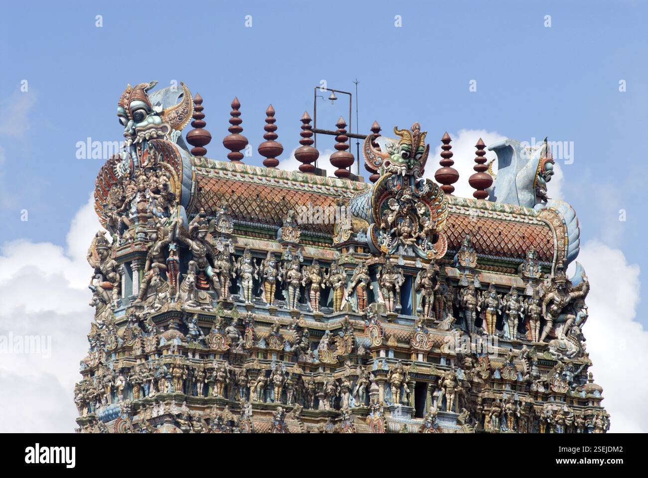 Richly decorated and Colourfully painted stucco figures on gopuram of ...