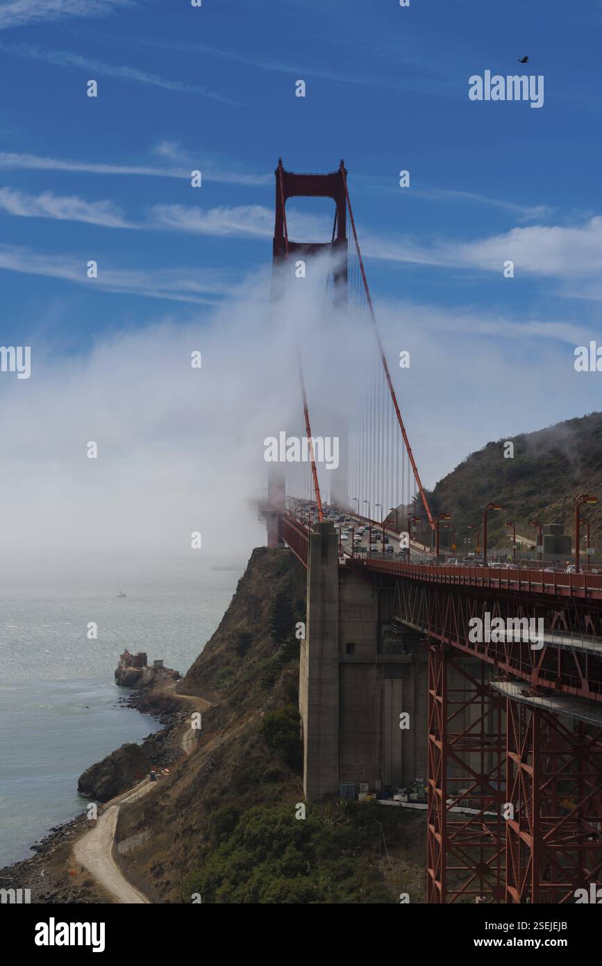 Golden Gate Bridge in a fog from Horseshoe bay vista point, San ...