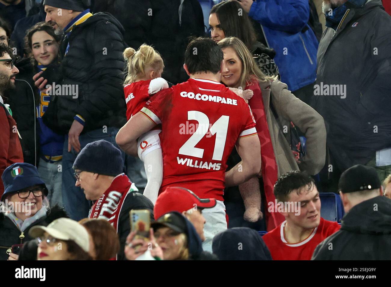 Rome, Italy 08.02.2025: Rhodri Williams of Wales greets his wife and ...