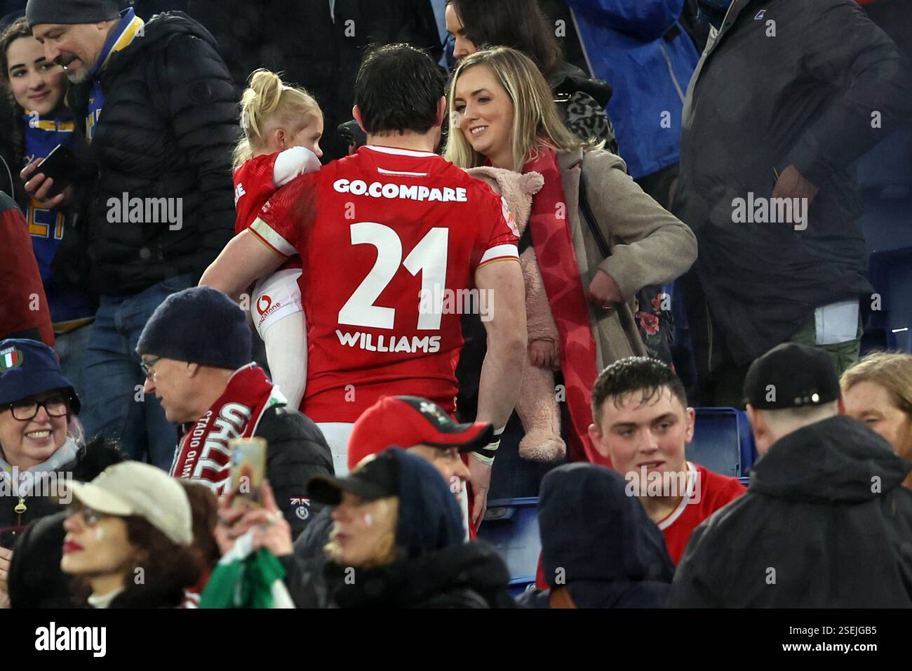 Rome, Italy 08.02.2025: Rhodri Williams of Wales greets his wife and ...