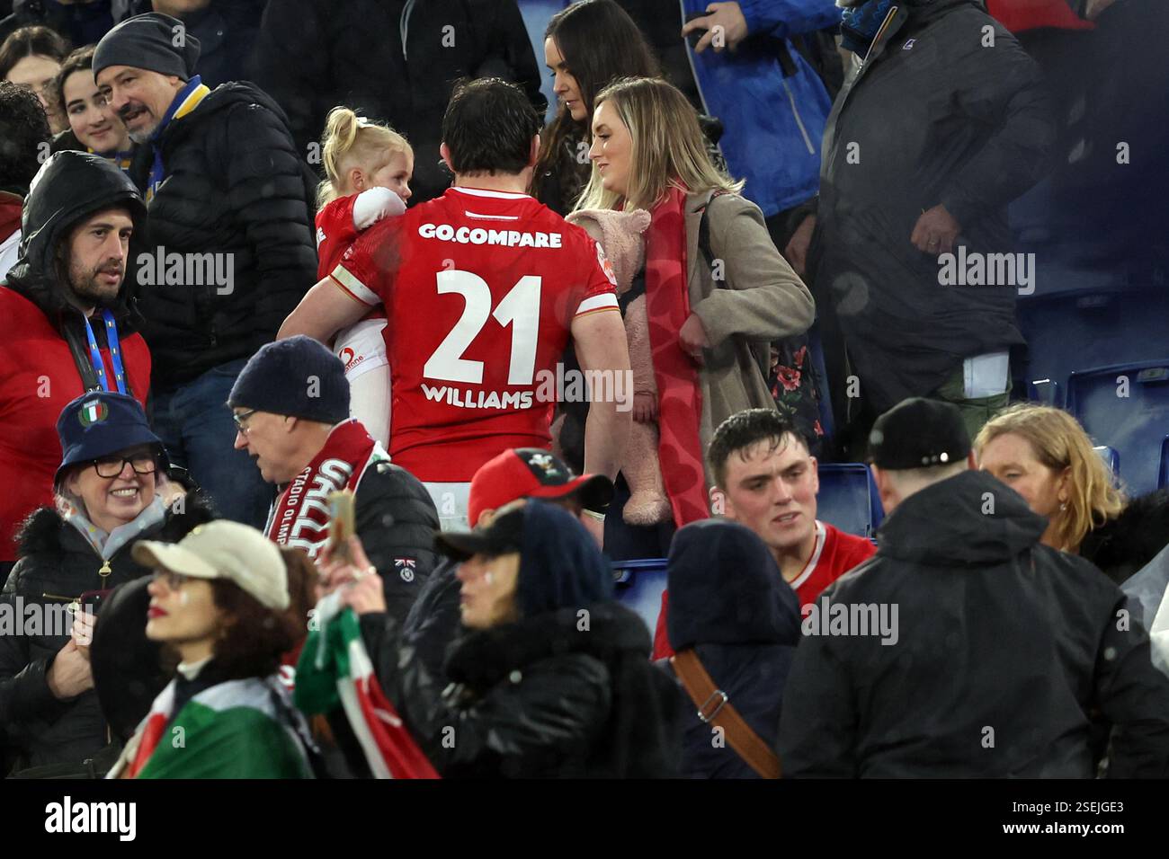 Rome, Italy 08.02.2025: Rhodri Williams of Wales greets his wife and ...