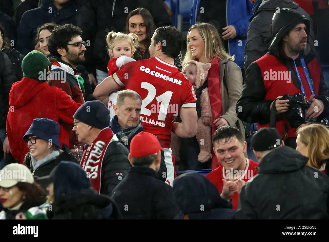 Rome, Italy 08.02.2025: Rhodri Williams of Wales greets his wife and ...