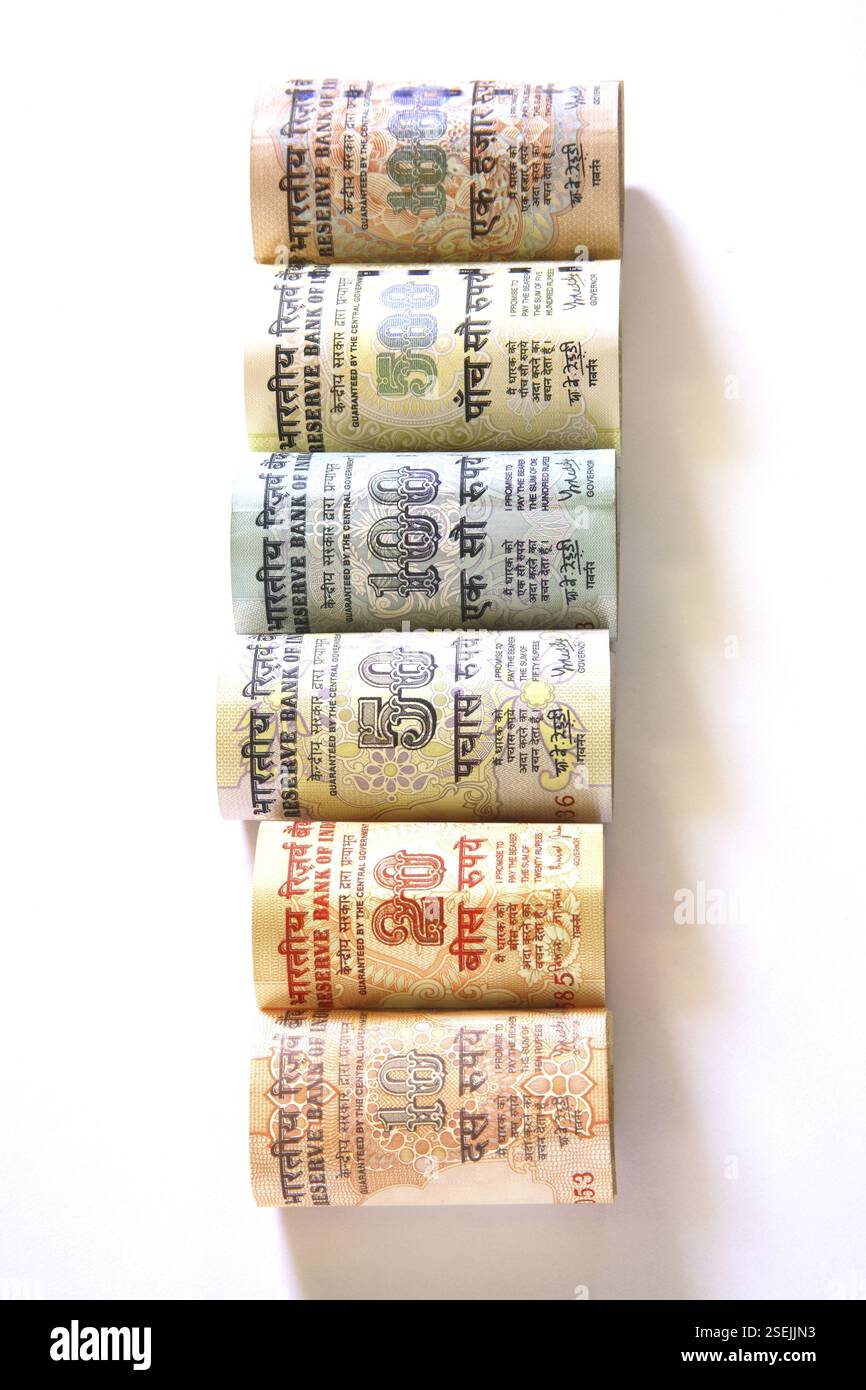 Concept, growth Indian currency ten twenty fifty rupees with one five ...