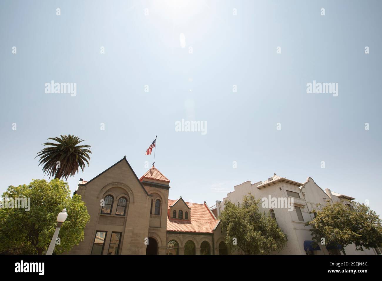 Afternoon sun shines on historic buildings of downtown Hanford ...