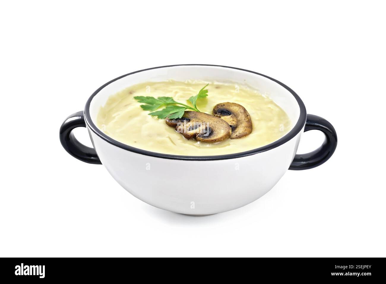 Soup-puree mushroom with champignons in bowl isolated on white ...