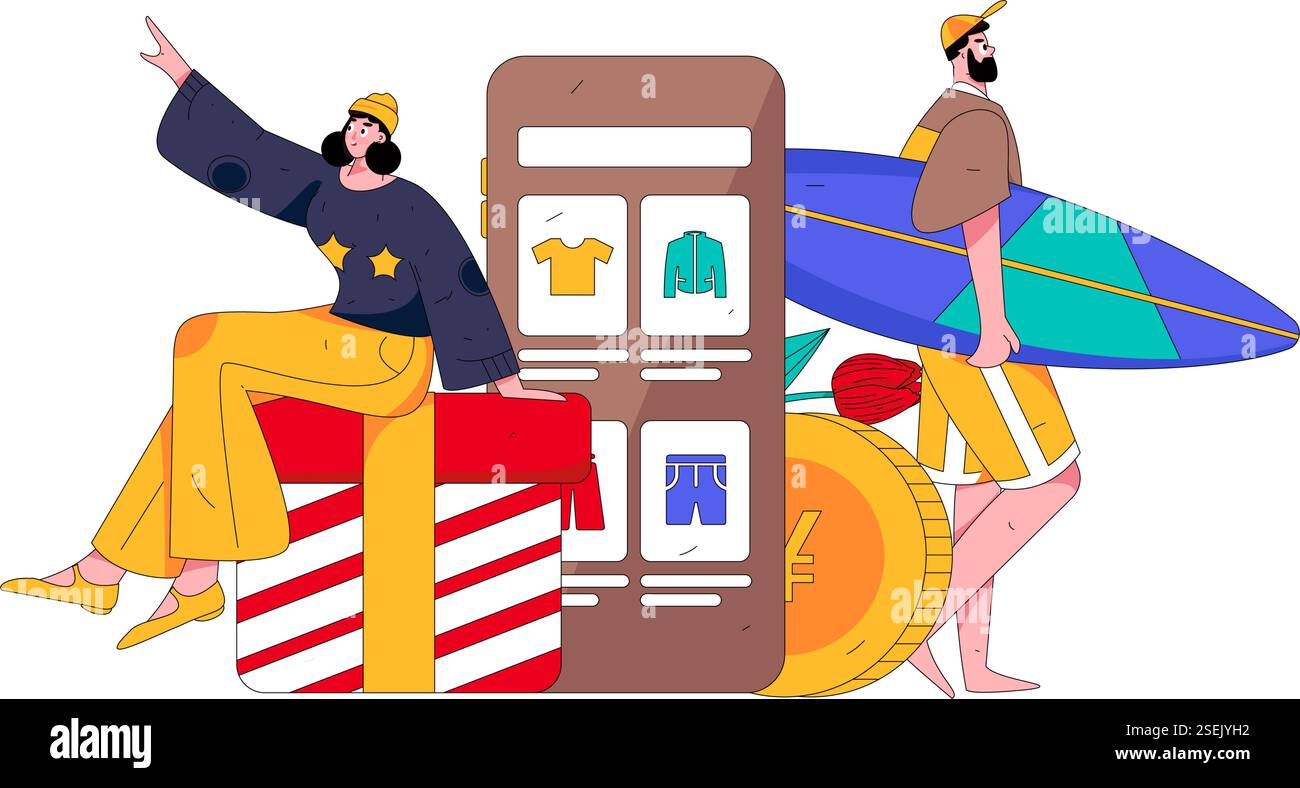Holiday shopping people doing e-commerce online shopping flat vector ...