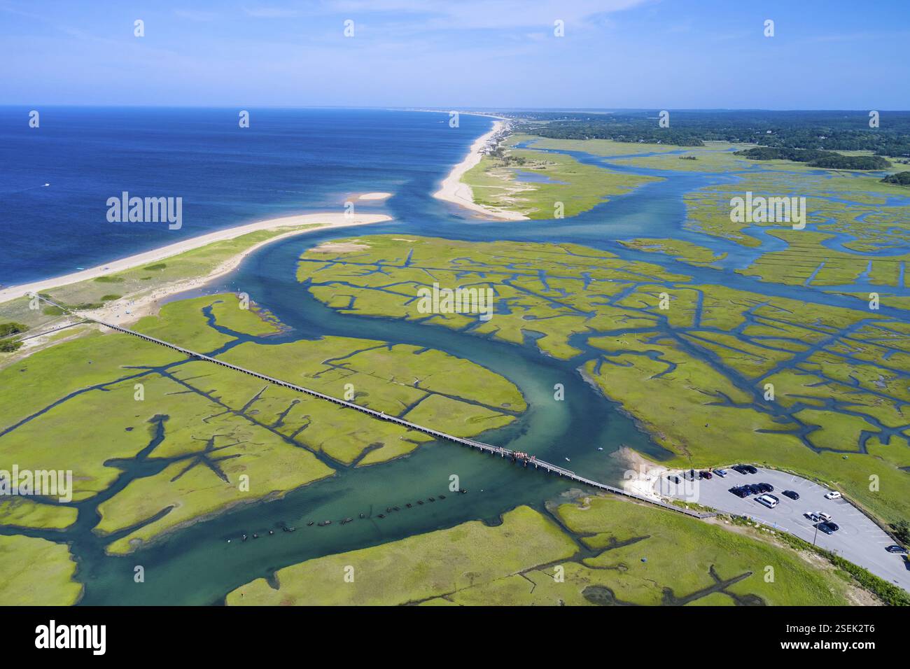 Aerial drone shot of famous Sandwich Boardwalk and Town Neck beach ...