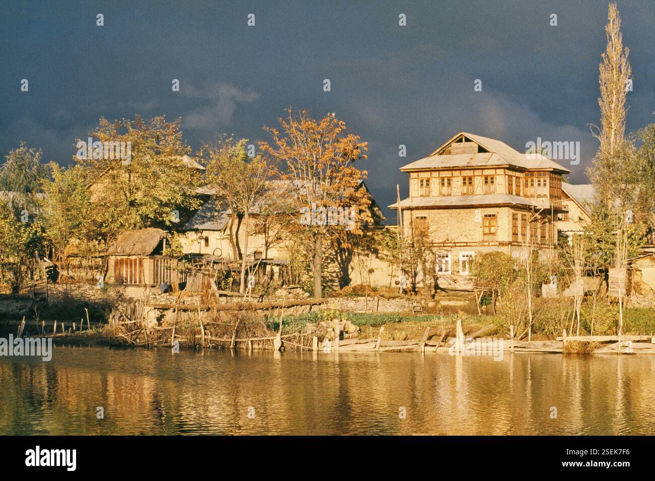 Typical wooden house along river Jhelum in magical golden light ...