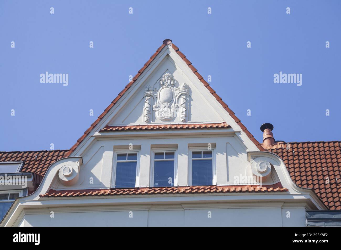 Decorated old roof gable on a residential building, Eppendorf, Hamburg ...