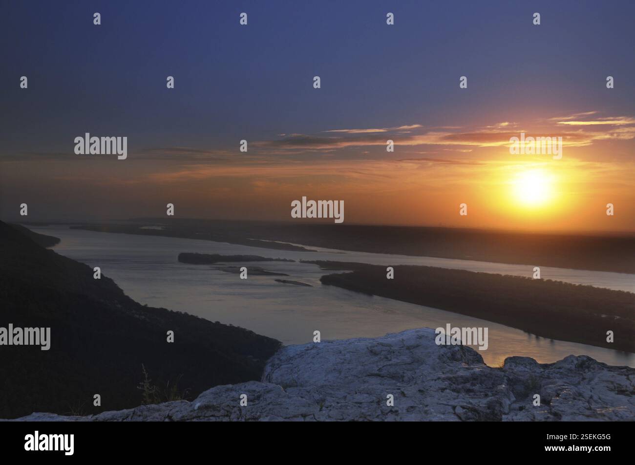 Sunset over Volga river in Russian National Park Samara Luka, Samara ...