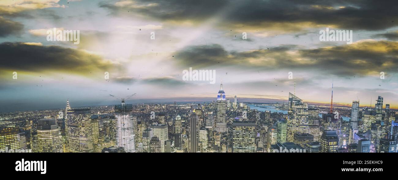 Amazing panoramic sunset aerial skyline of Manhattan from a high vantage point, New York City ...