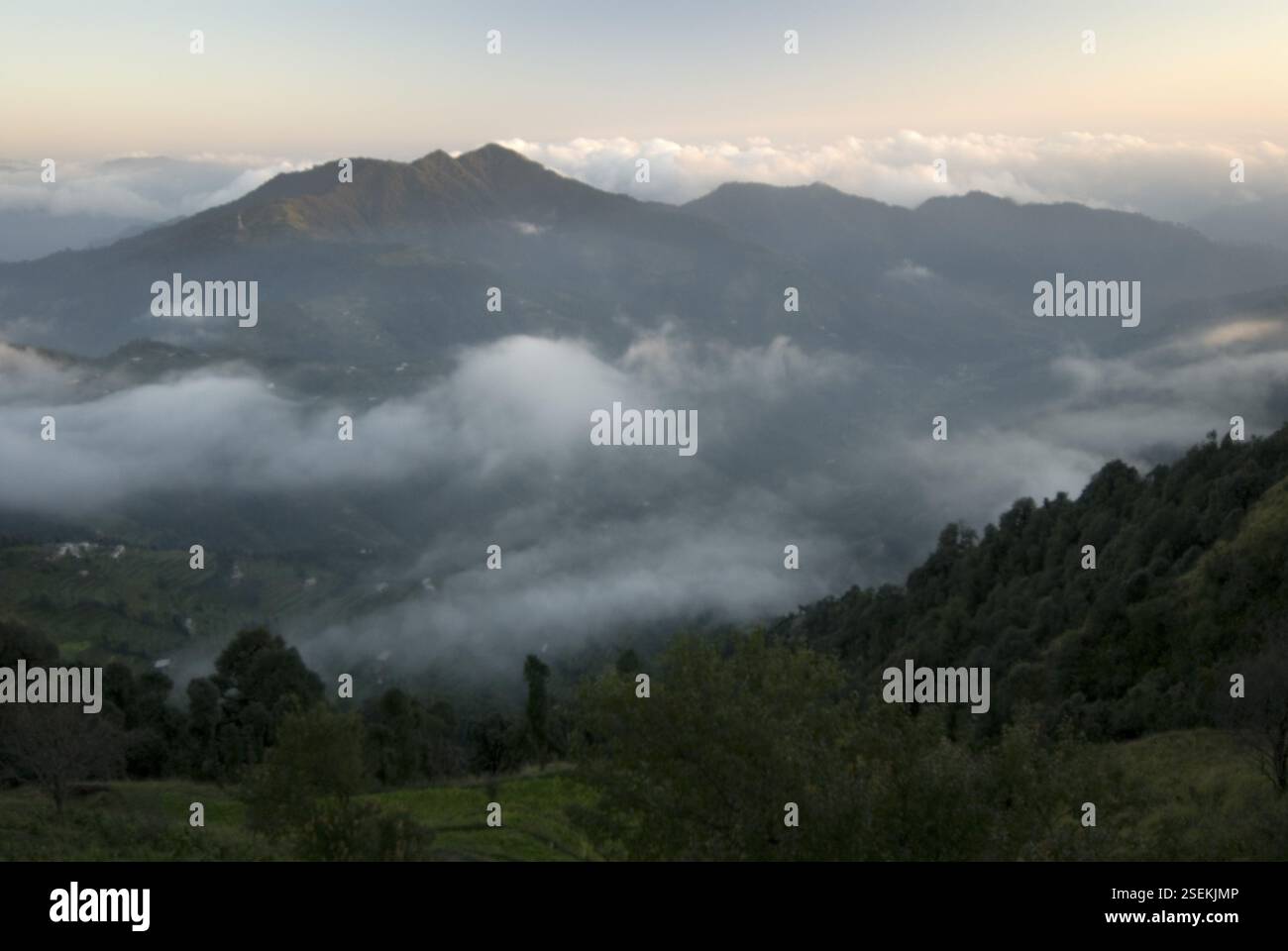Valley at twilight from Kaddukhal hill station, Uttaranchal, India ...