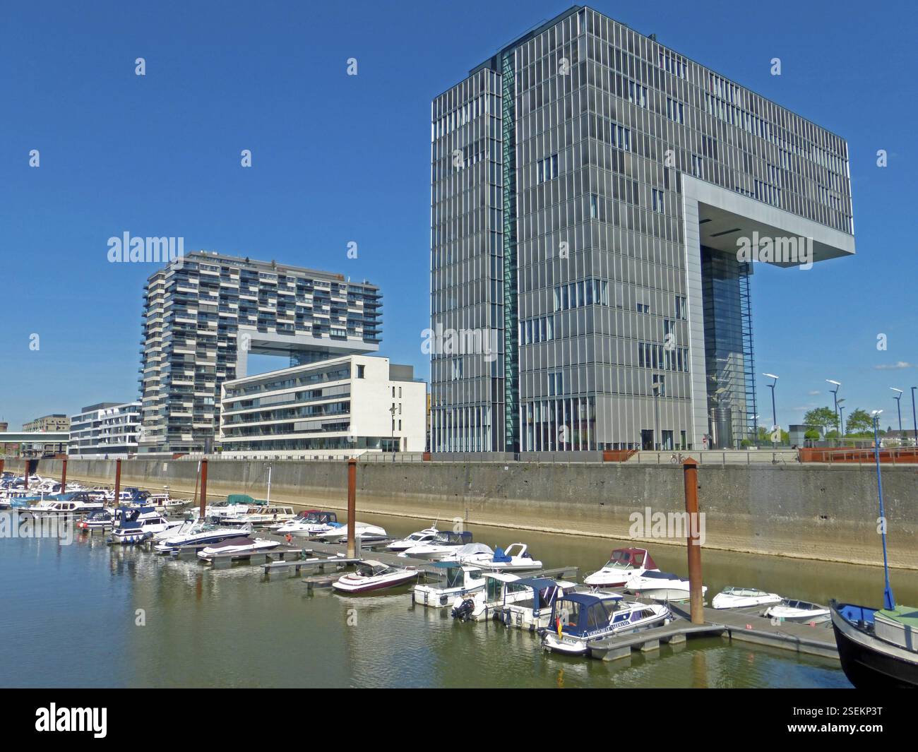 Cologne, marina, boats, industrial buildings, crane houses, at the ...