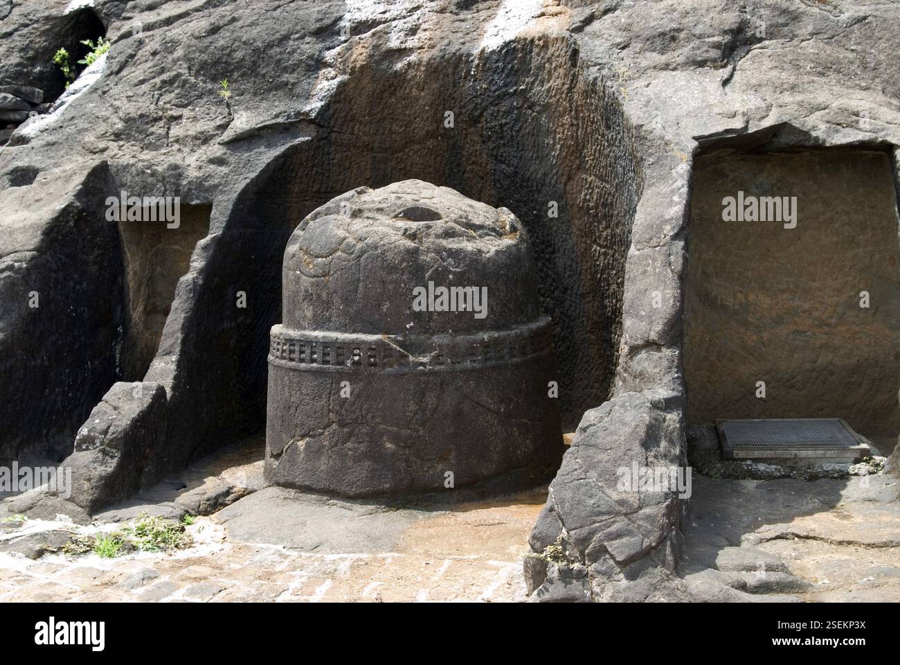 Stupa at entrance of Bedsa rock cut cave dating from around 2nd century ...