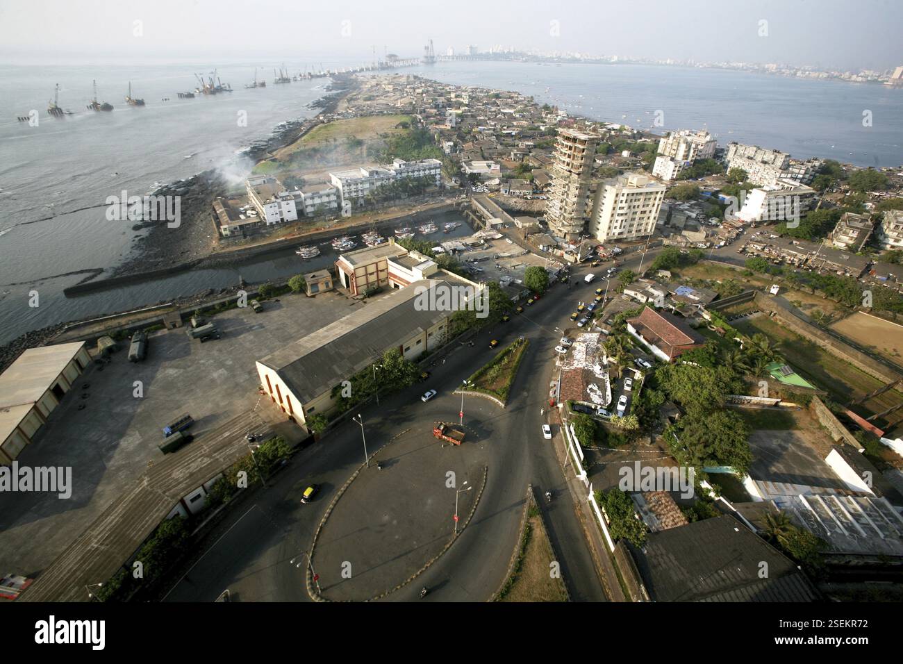 An aerial view of Worli village and headquarters of the Mumbai Coast ...