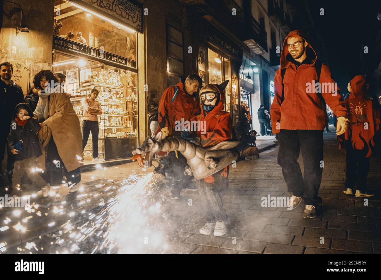 Barcelona, Spain. 8th Feb, 2025. A fire beast sets of its flying sparks ...