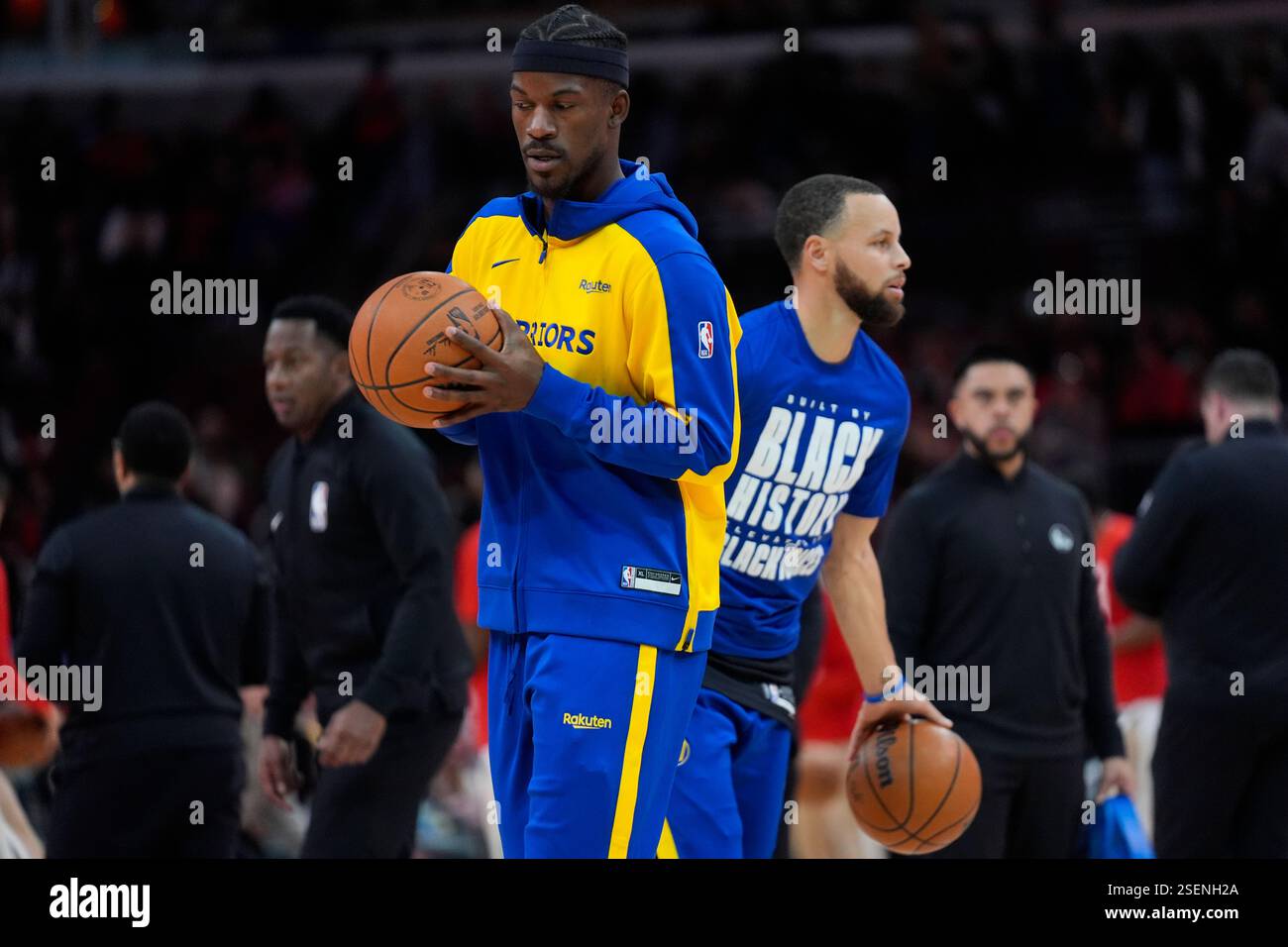 Golden State Warriors forward Jimmy Butler, left, and guard Stephen ...