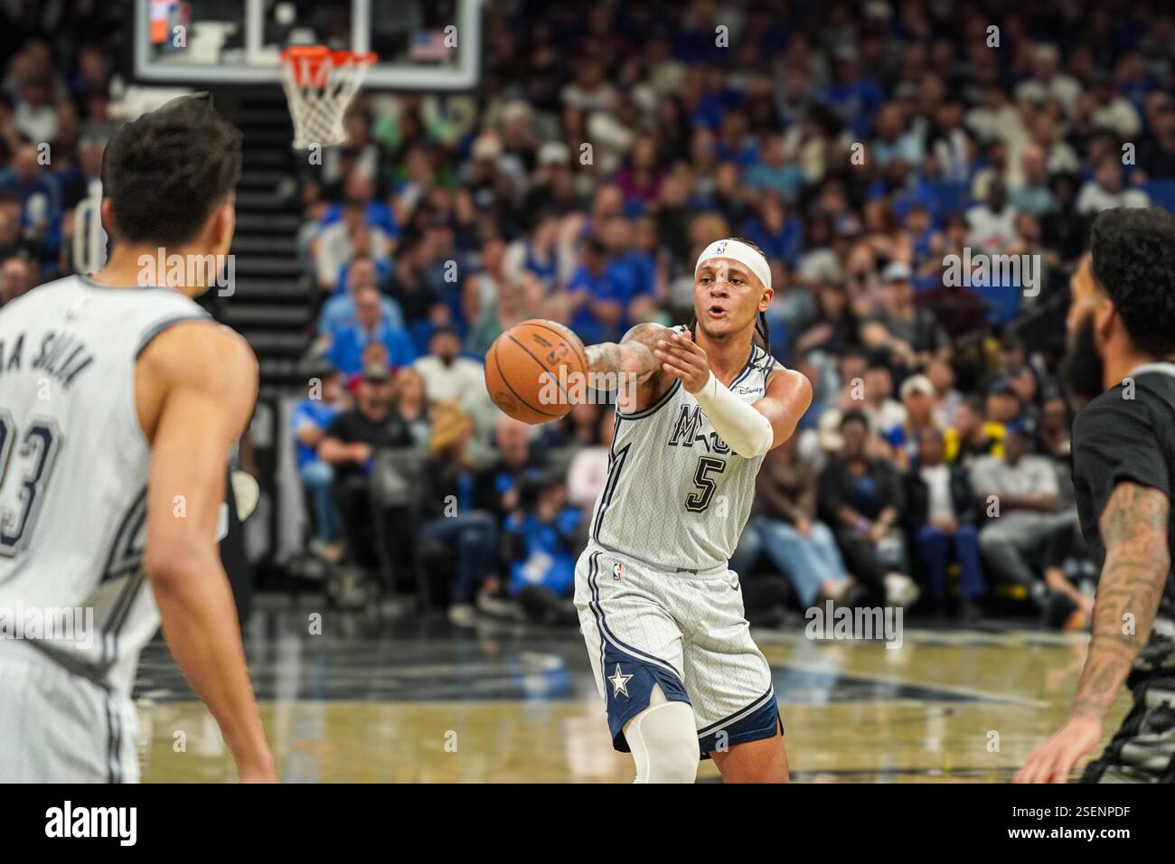 Orlando, Florida, USA, February 8, 2025, Orlando Magic forward Paolo Banchero #5 makes a pass at ...