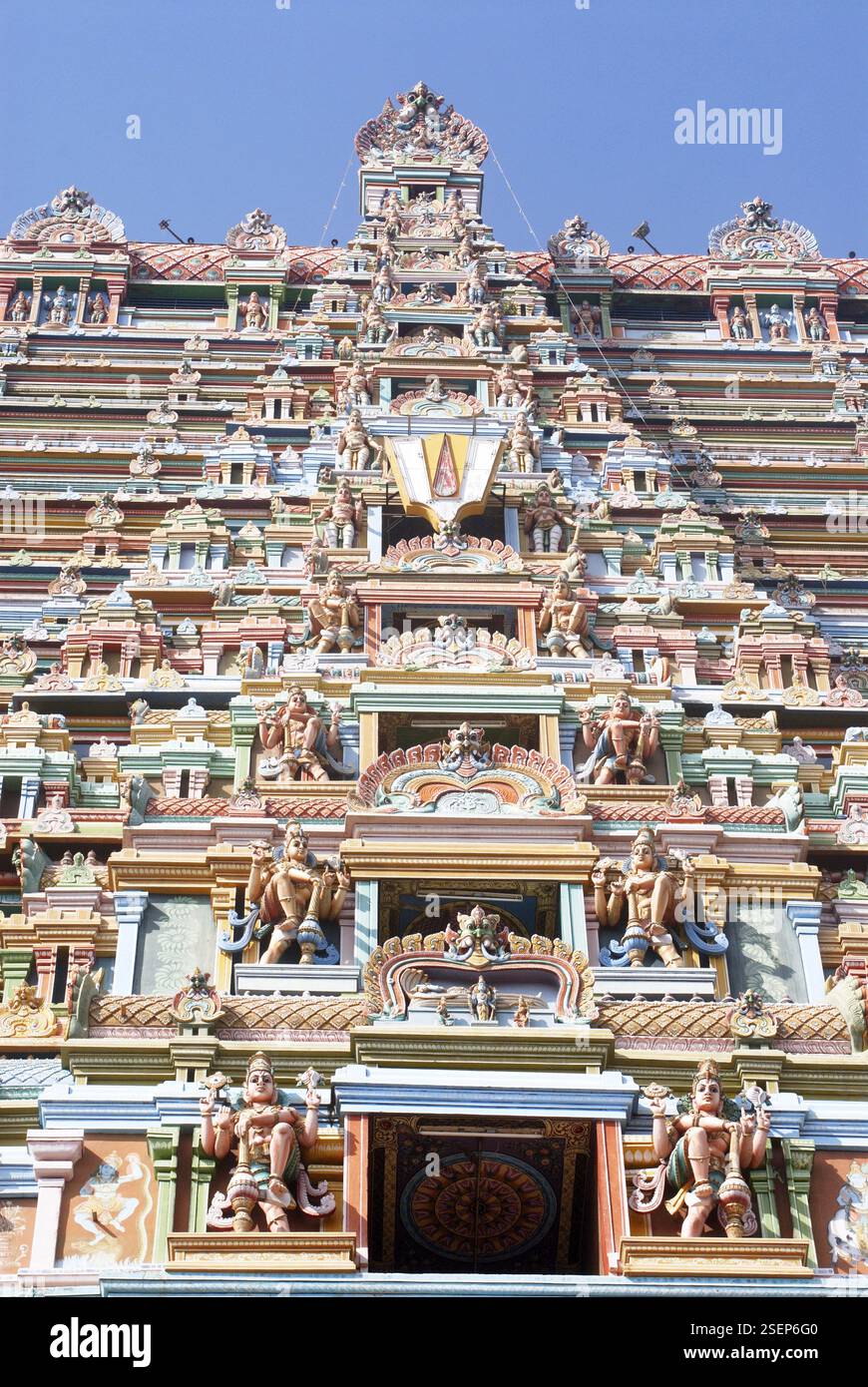 Rajagopuram richly decorated stucco figures on impressive gateway of ...
