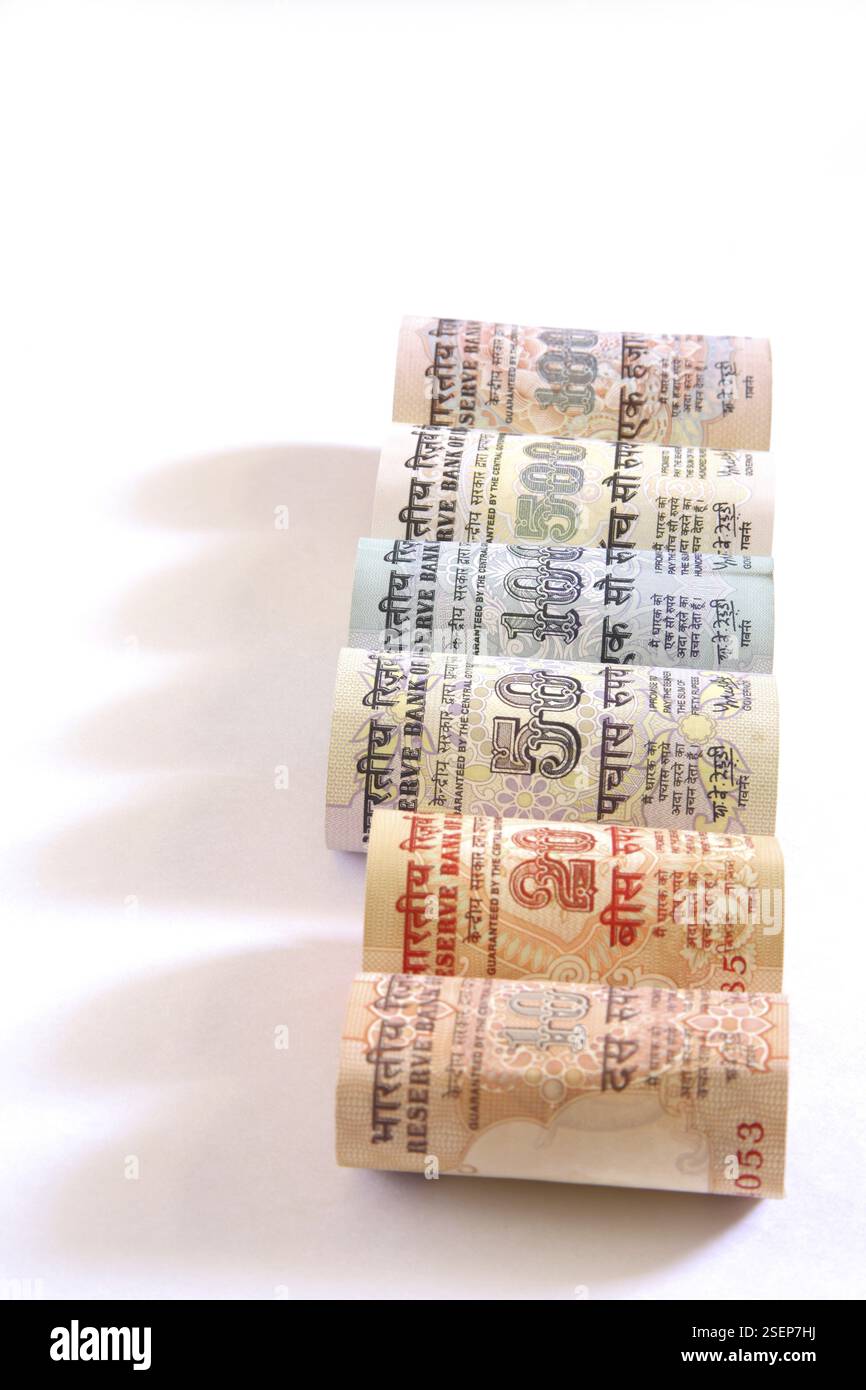 Concept, growth Indian currency ten twenty fifty rupees with one five ...