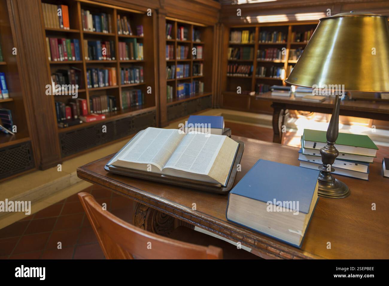 Open book in Rose main reading room of New York Public Library, USA ...