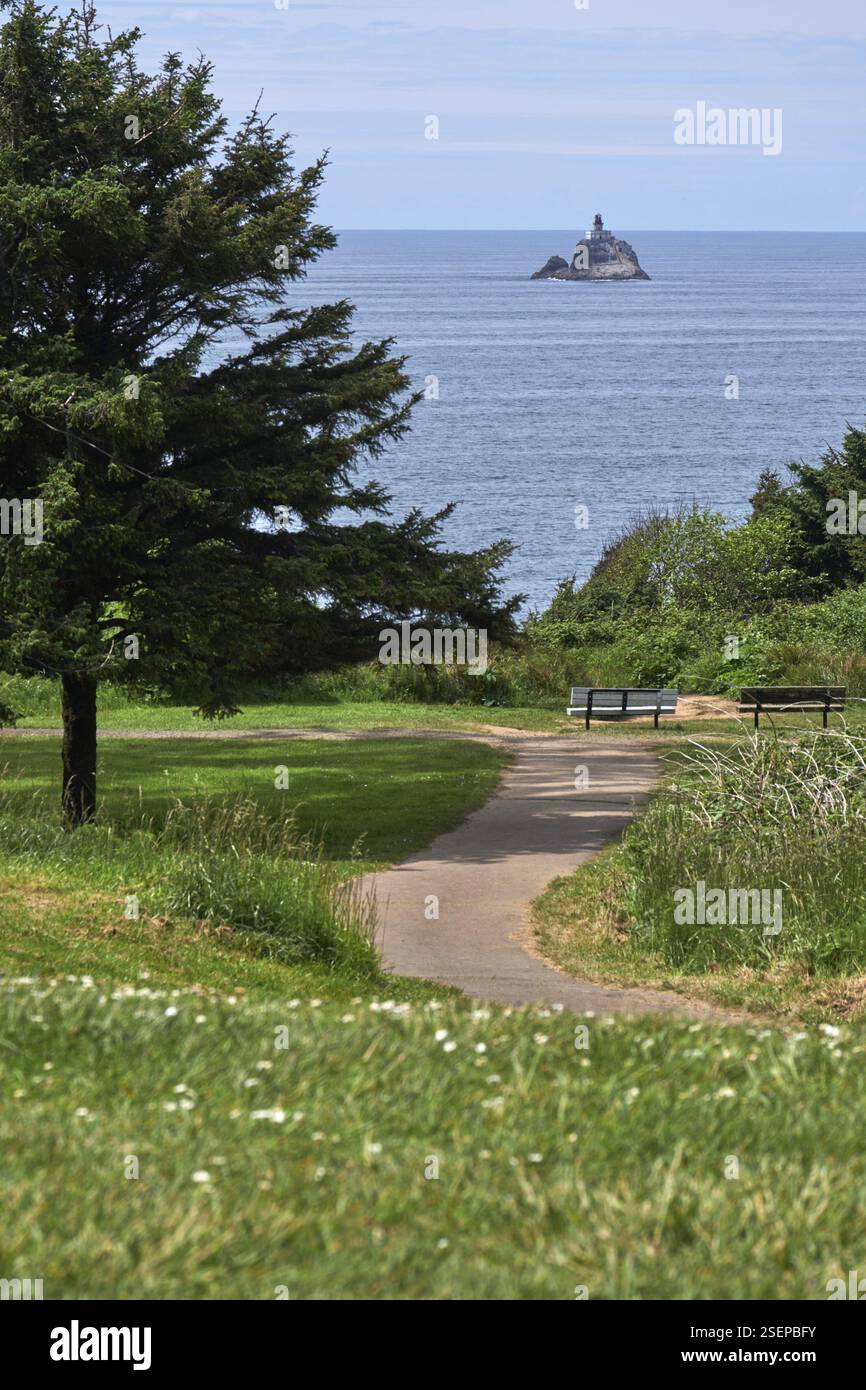Ecola state park view in spring with Tillamook Rock lighthouse on the ...