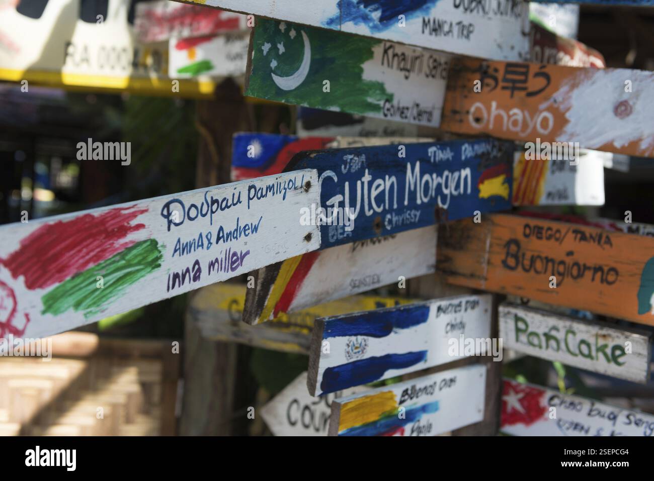 Good Morning signs on languages of the world in Langkawi cafe, Malaysia ...