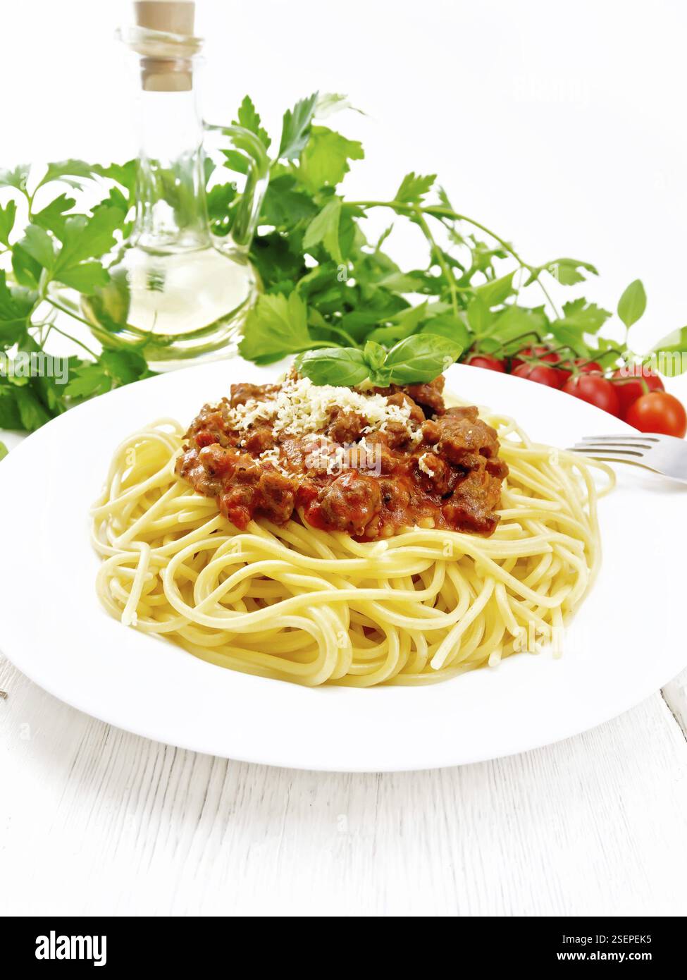 Spaghetti pasta with Bolognese sauce of minced meat, tomato juice ...