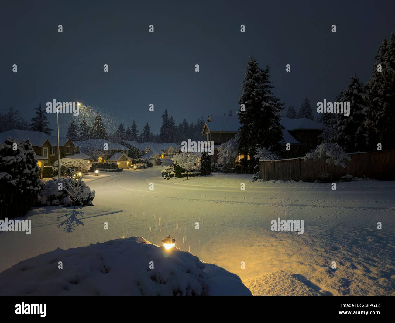 Pacific northwest winter heavy snow fallen on homes during night time ...