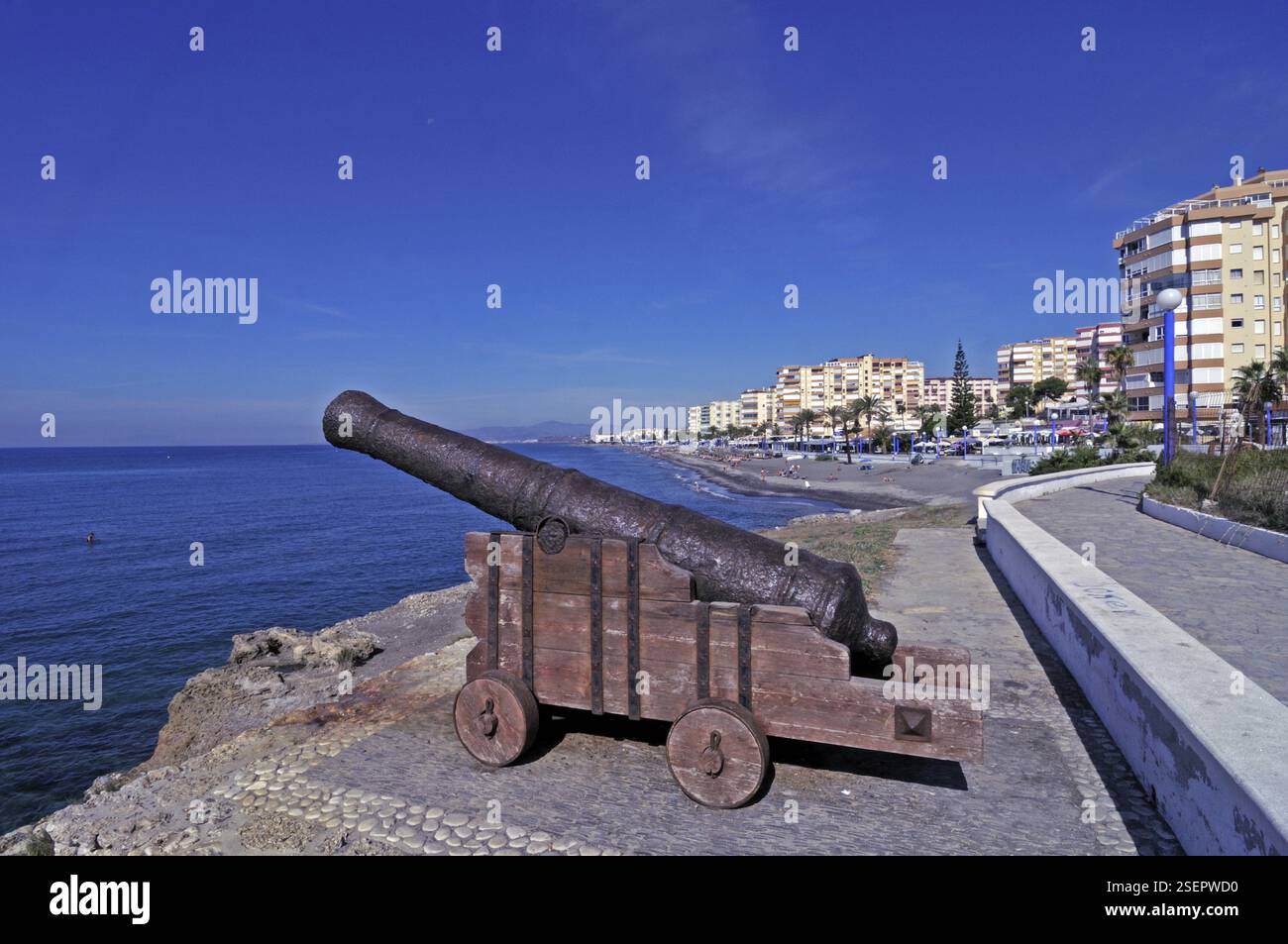 Spain, Andalusia, Torrox Costa, beach, promenade, old cannon ...