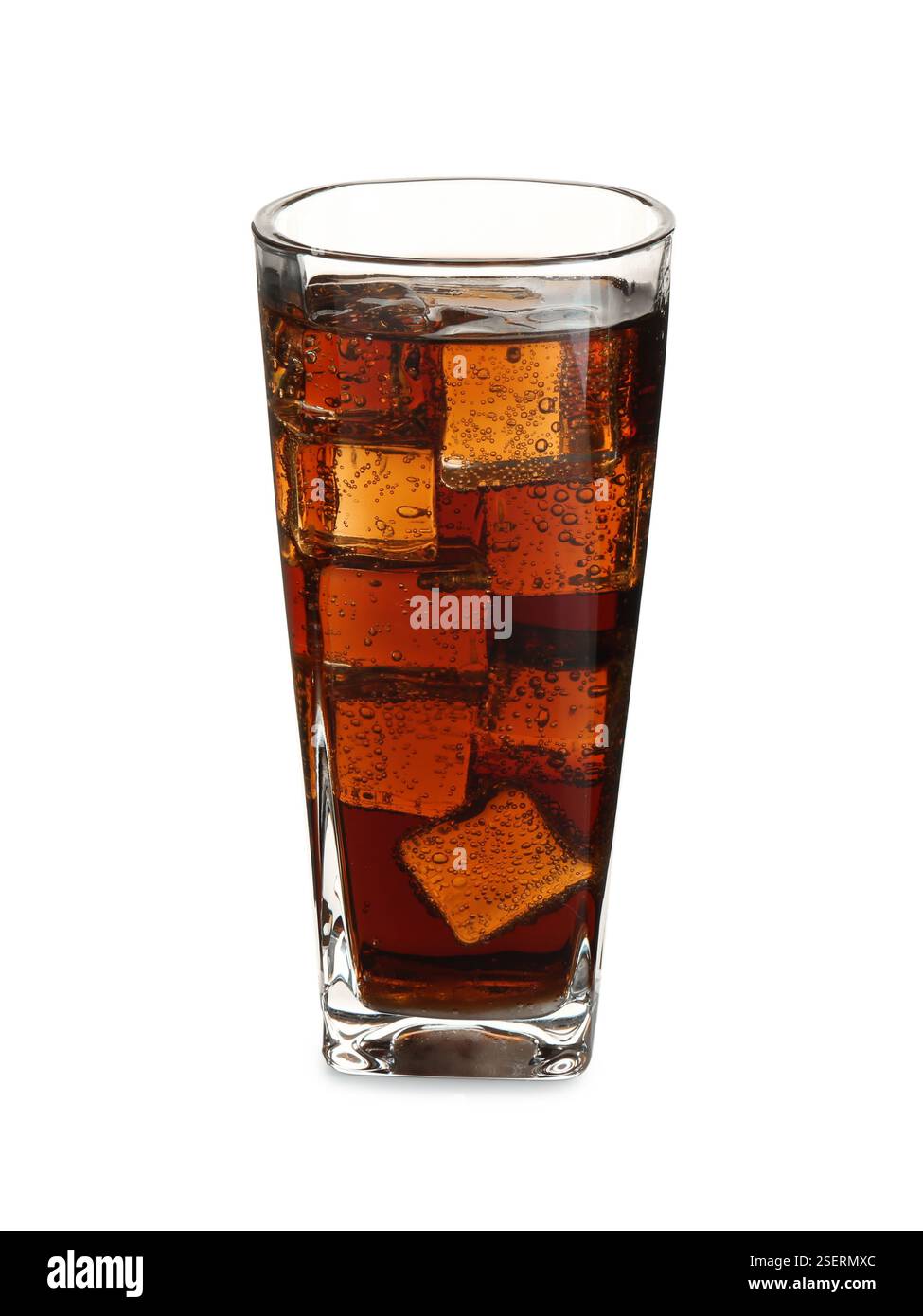 Glass of refreshing sweet soda water with ice cubes isolated on white ...