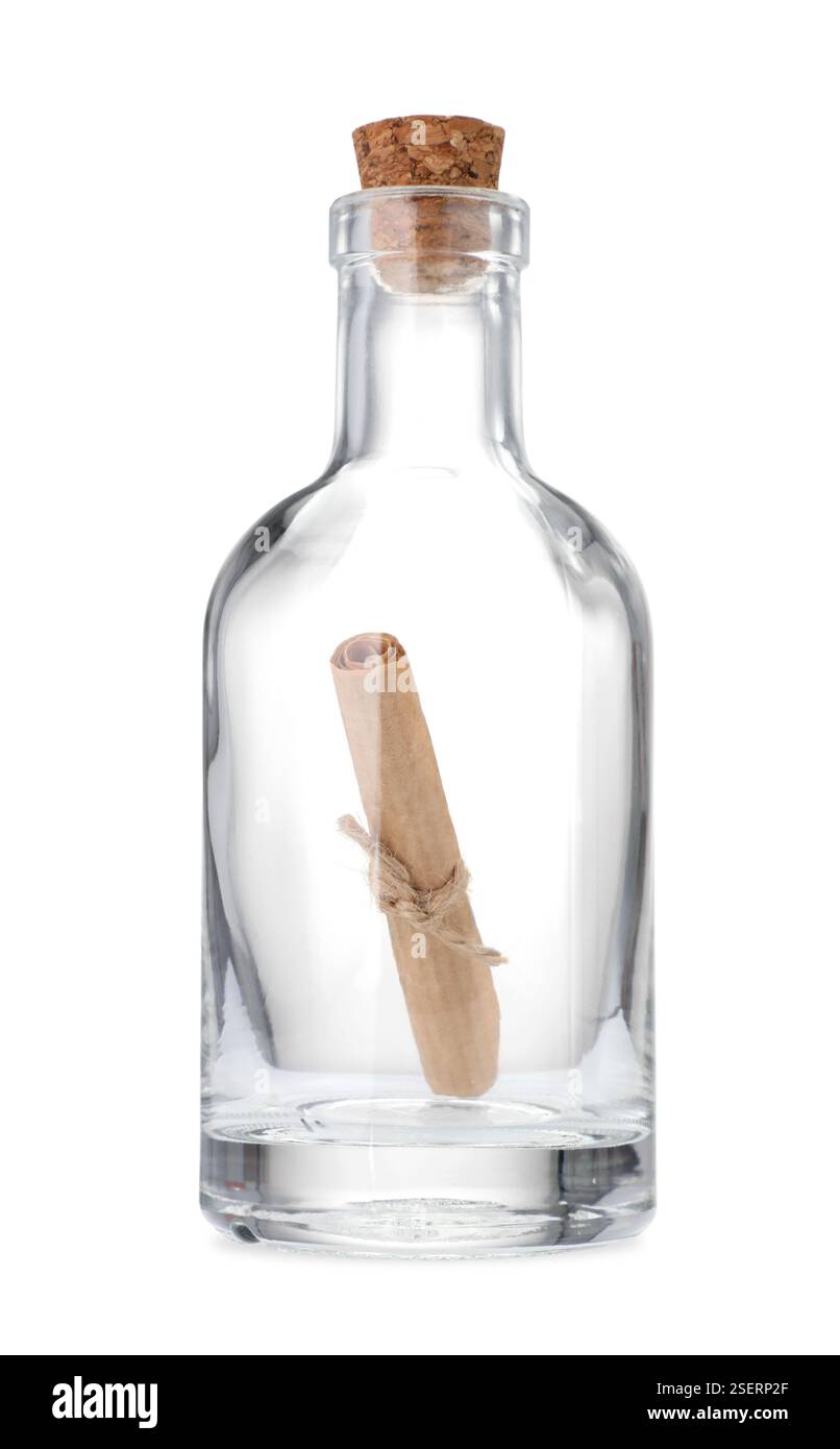 Corked glass bottle with rolled letter isolated on white Stock Photo ...