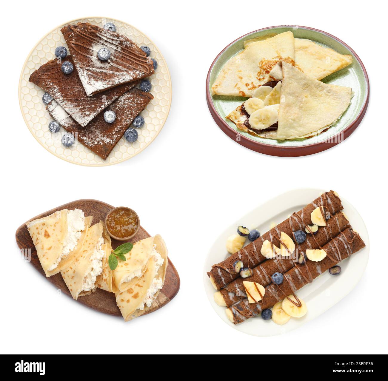 Different tasty crepes isolated on white, set Stock Photo - Alamy