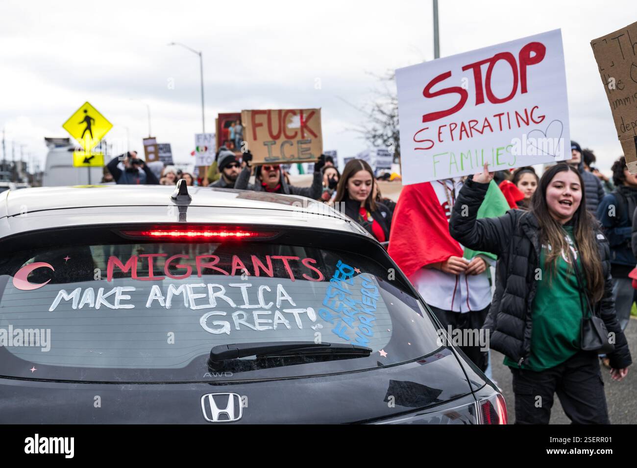 Seattle, USA. 8 Feb 2025. Activists at the Dont Bite The Hands That ...