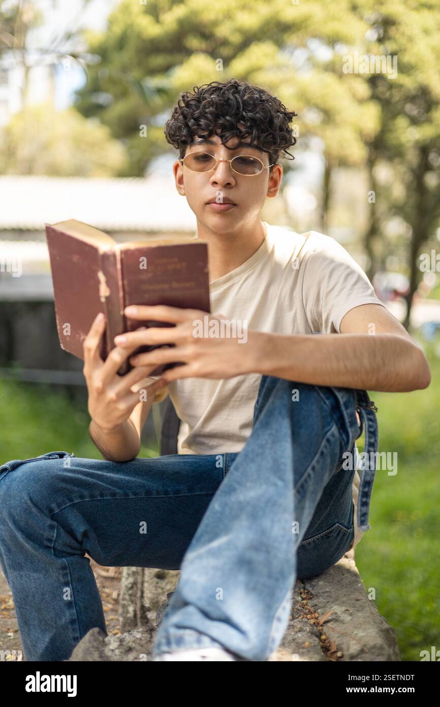 A student sitting on a rock in the park, studying with focus. Perfect ...