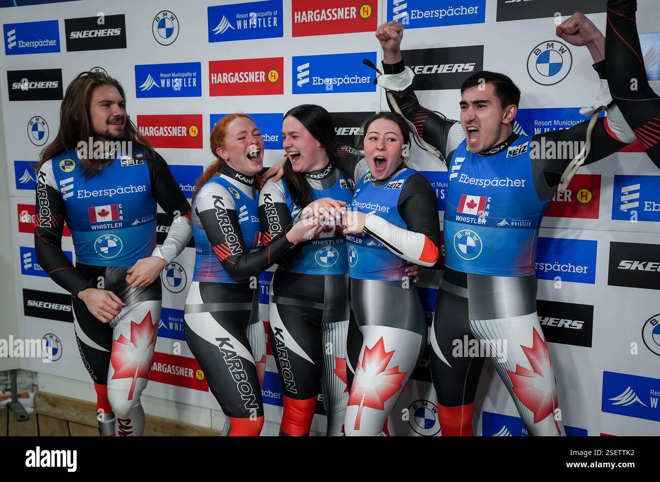 Whistler, Canada. 08th Feb, 2025. Canada's Theo Downey, from left to ...