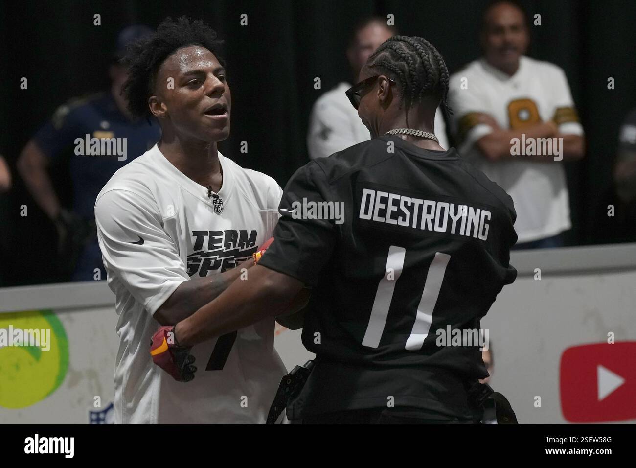 Team Speed's IShowSpeed, left, talks with Team Kai's Deestroying during ...