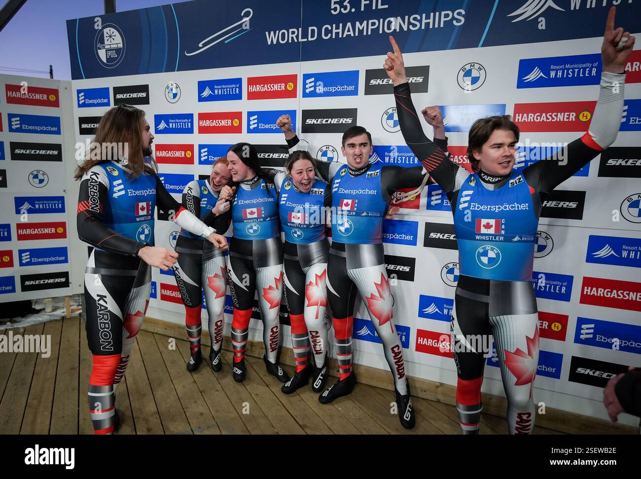 Whistler, Canada. 08th Feb, 2025. Canada's Theo Downey, from left to ...