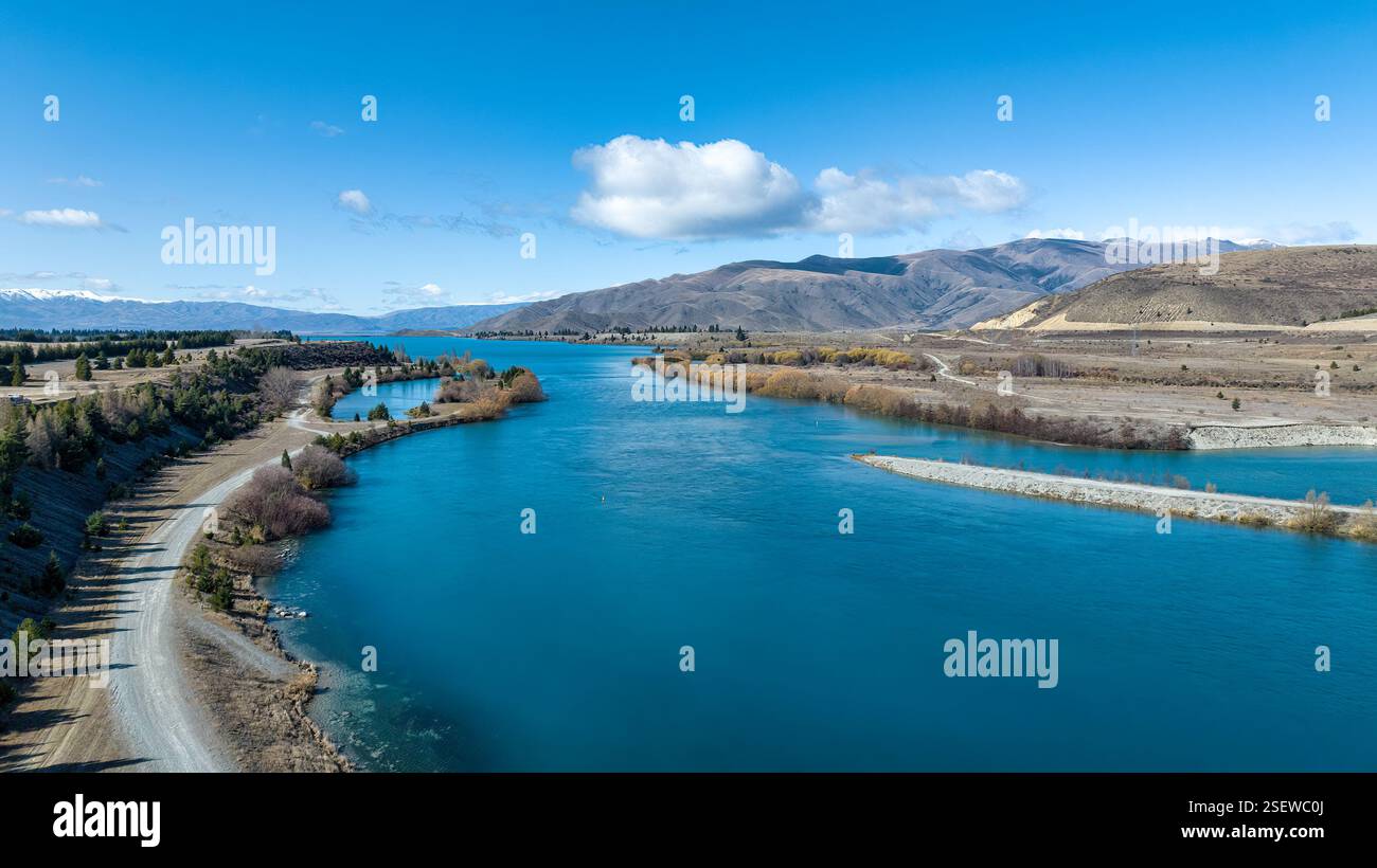 Aerial perspective of the rowing course on Lake Ruataniwha , Twizel NZ ...
