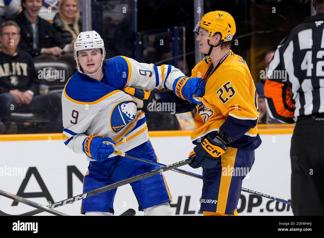 Nashville, Tennessee, USA. 8th Feb, 2025. Buffalo Sabres left wing Zach ...