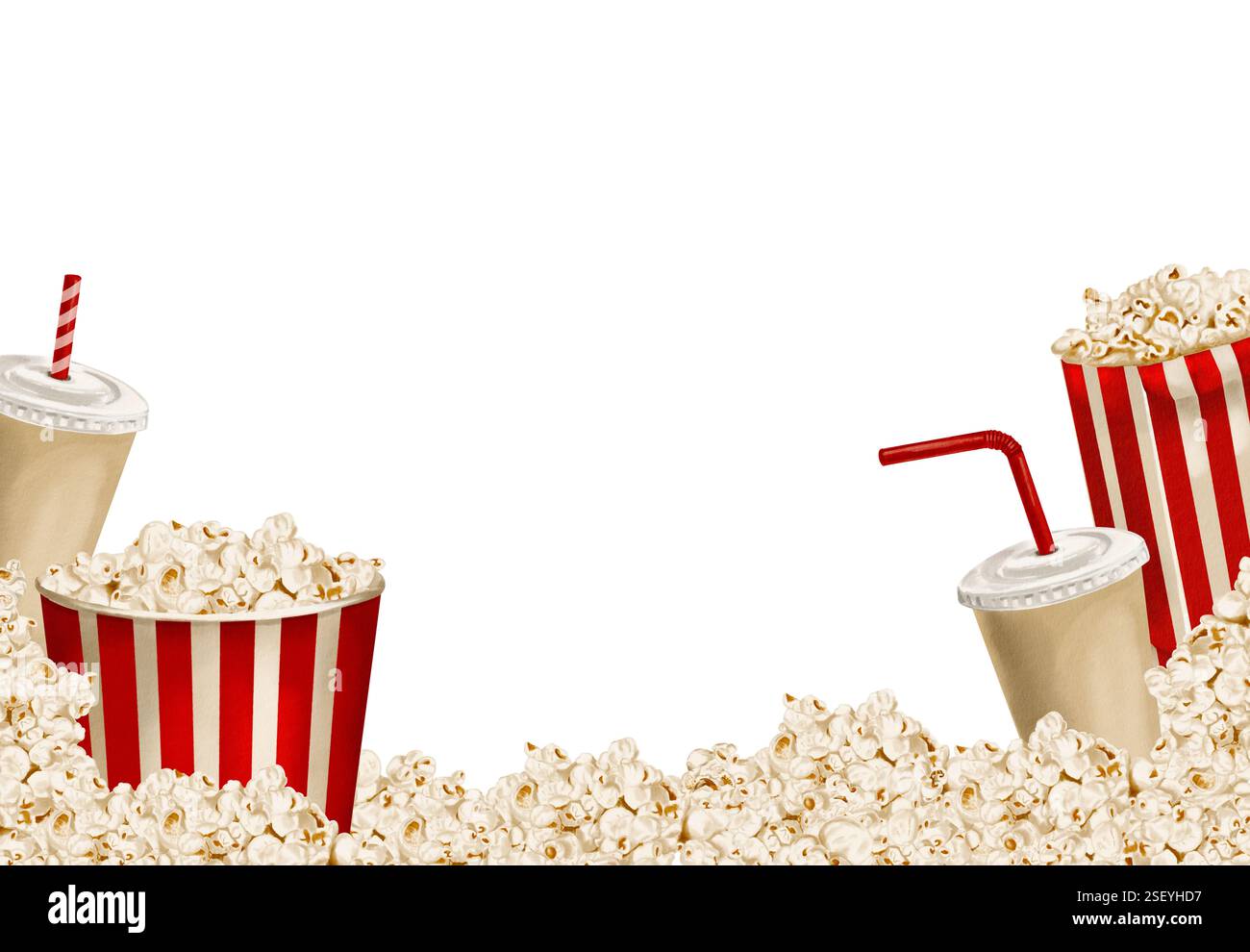 Popcorn crumbles and flies. corn in a paper bag. Drink in a paper glass ...